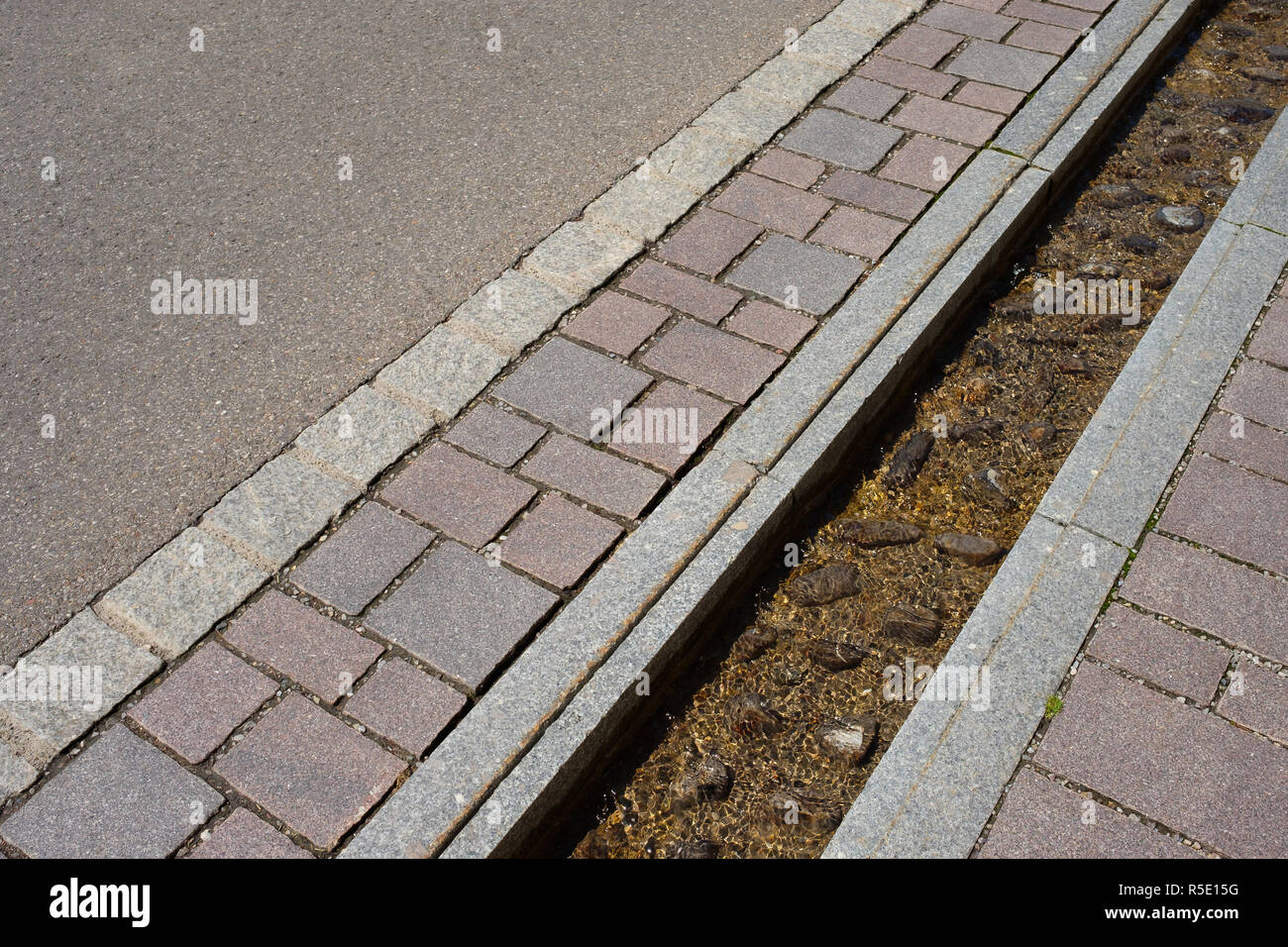 stone channel with water between walkway and street Stock Photo - Alamy