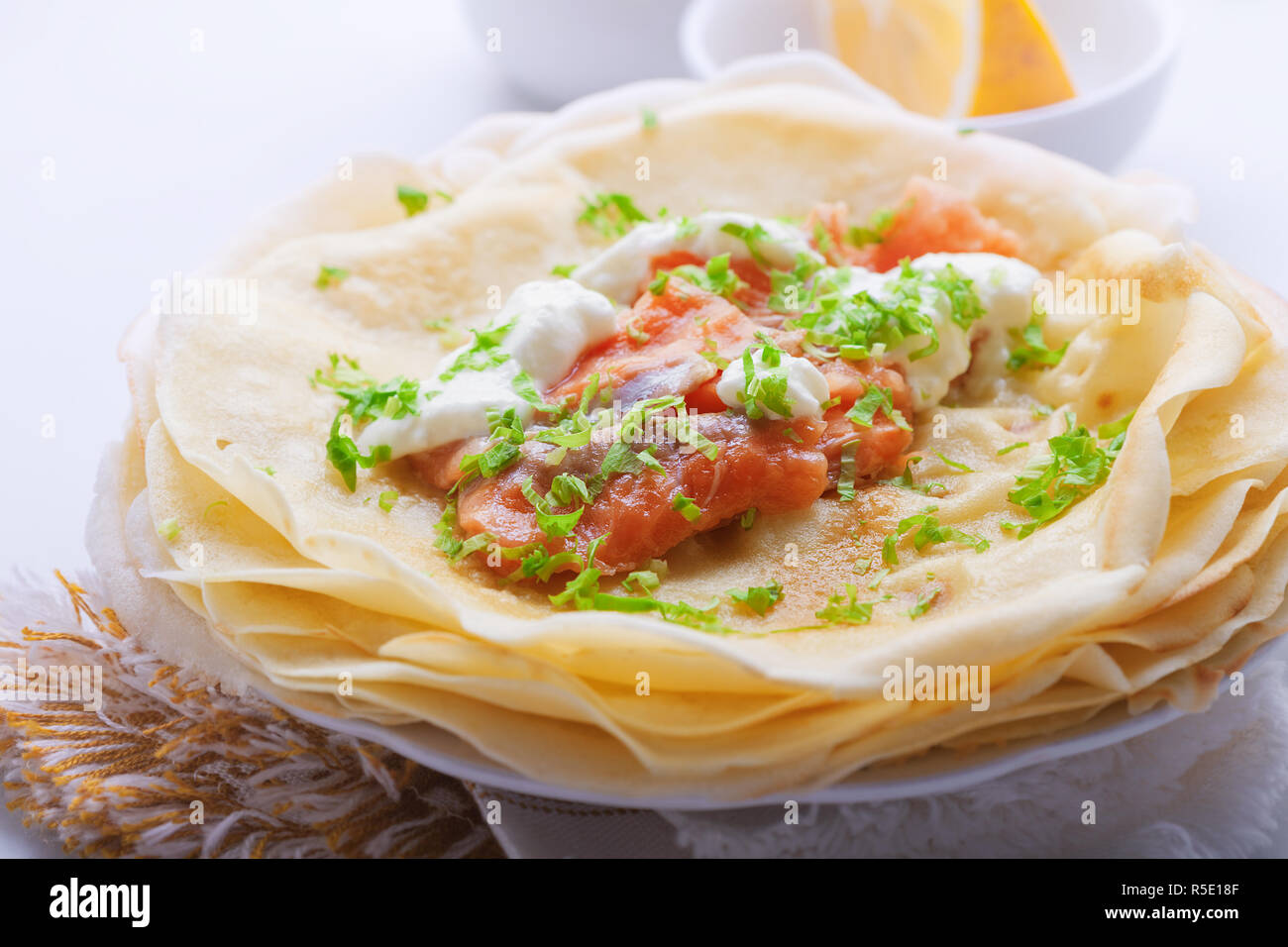 Crepes with smoked salmon Stock Photo - Alamy