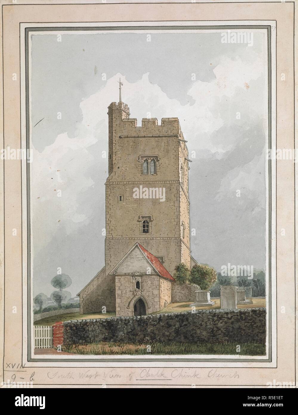 The west side of St. Mary's Church, Chalk; a stone wall in front ...