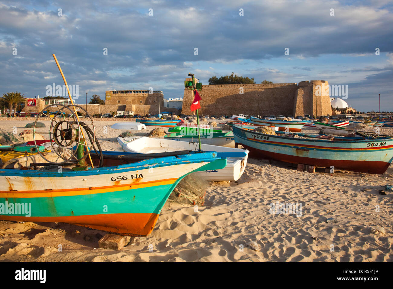 Tunisia, Cap Bon, Hammamet, waterfront, Kasbah Fort and fishing boats ...