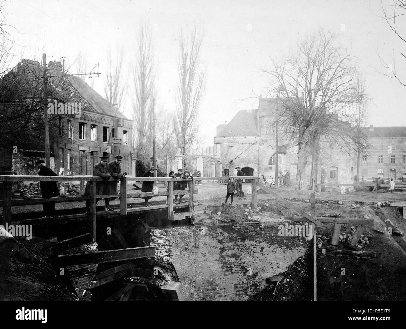 Bridge at Bruges, Belgium, destroyed by the Germans in their retreat ...