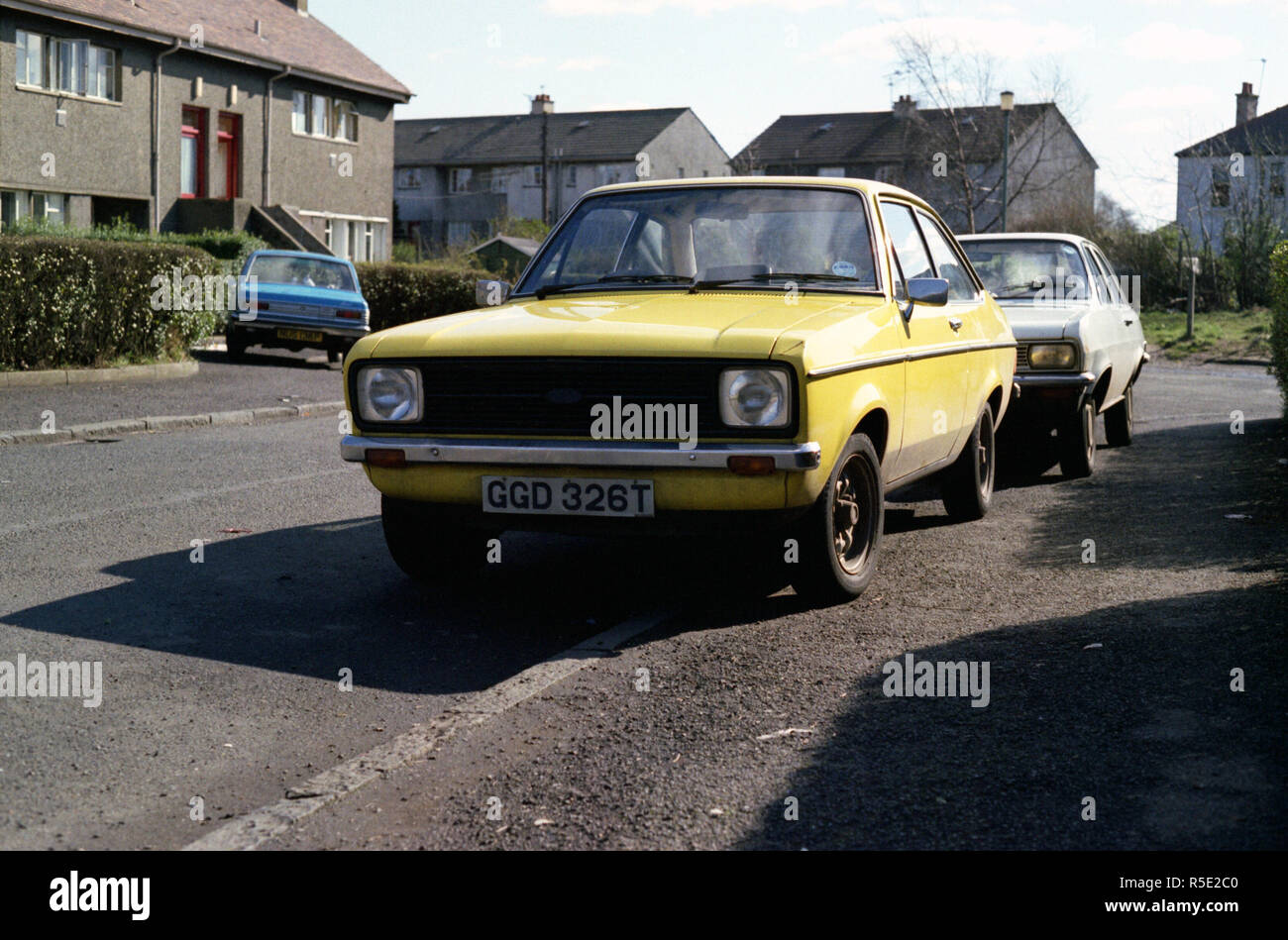 Yellow Ford Mark 2 Escort sitting in a street in Whitecrook, Clydebank ...