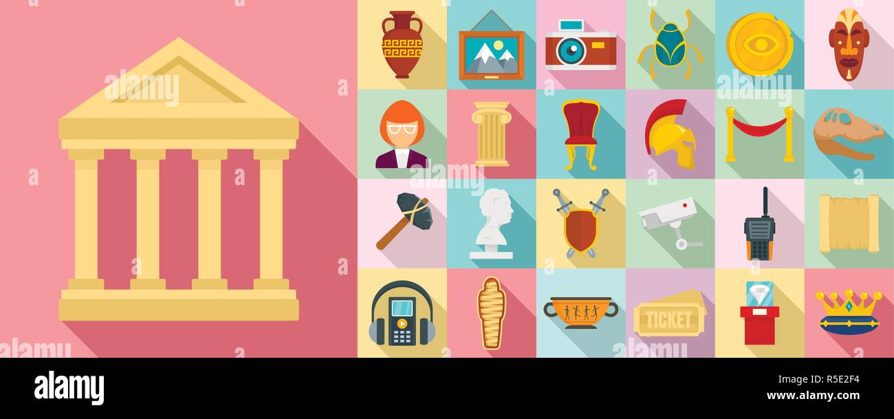 Museum icon set. Flat set of museum vector icons for web design Stock ...