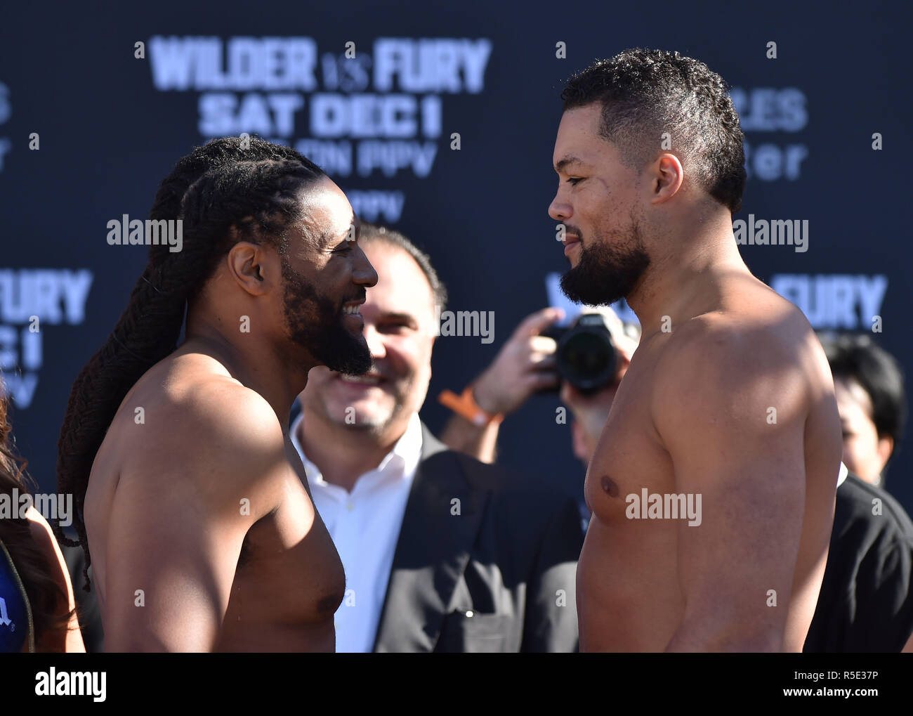Joe Hanks and Joe Joyce attend the official weigh-in of the Heavyweight ...
