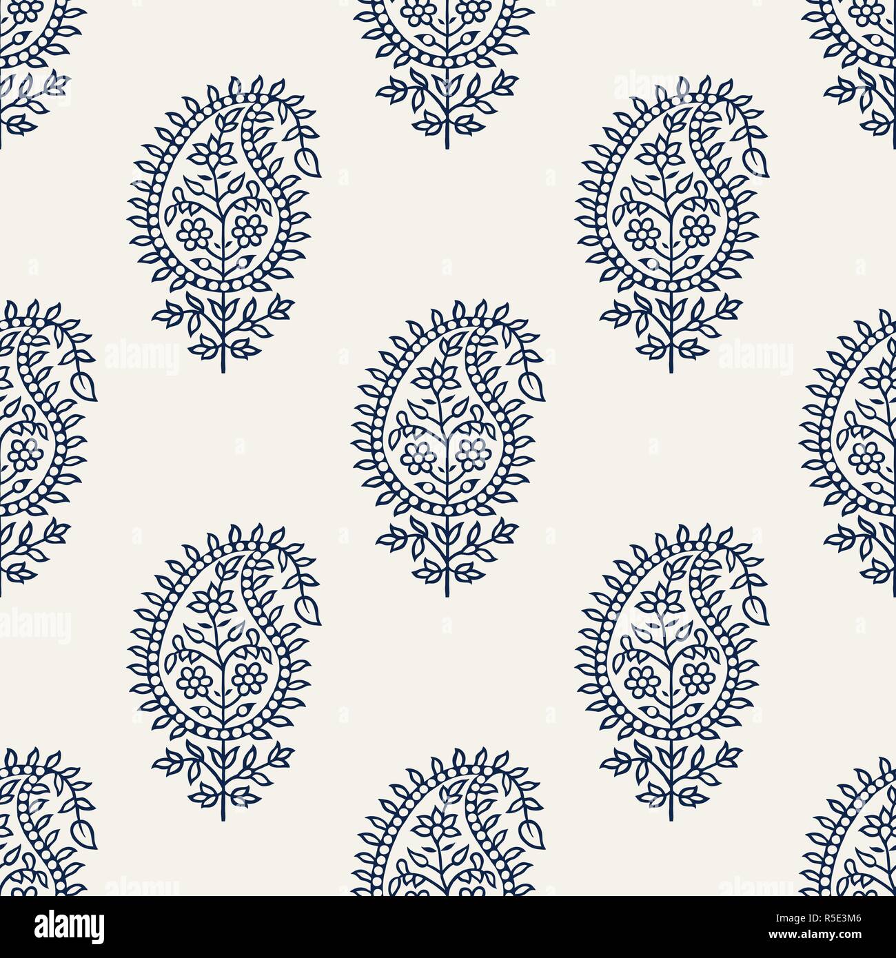 Indigo dye woodblock printed seamless paisley pattern. Traditional ...