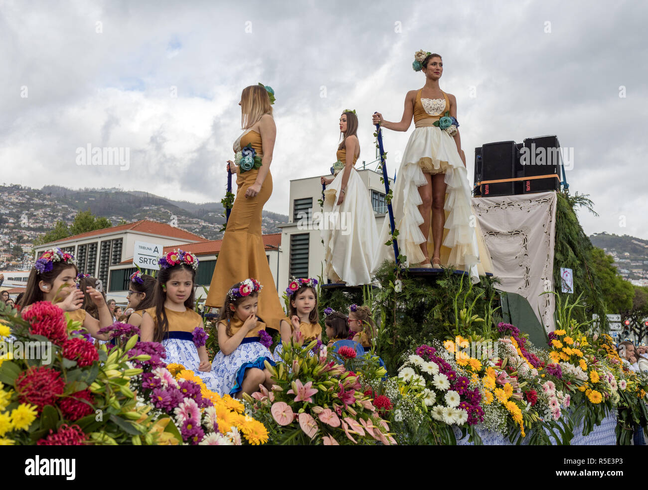 Funchal; Madeira; Portugal - April 22; 2018: Girls in colorful costumes ...