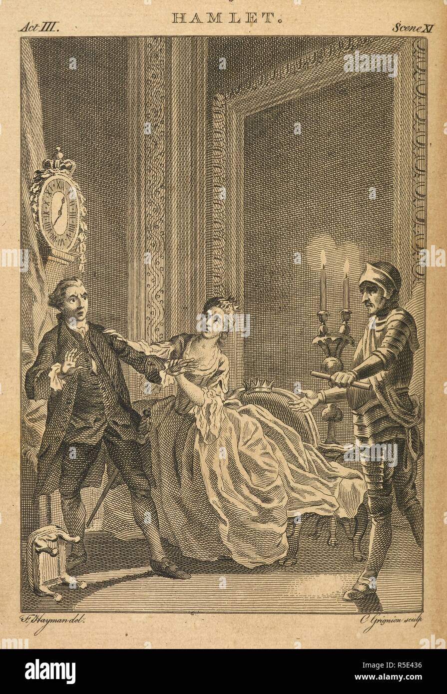 Hamlet. Act 111 Scene IX. Engraving. Three actors playing a scene on ...