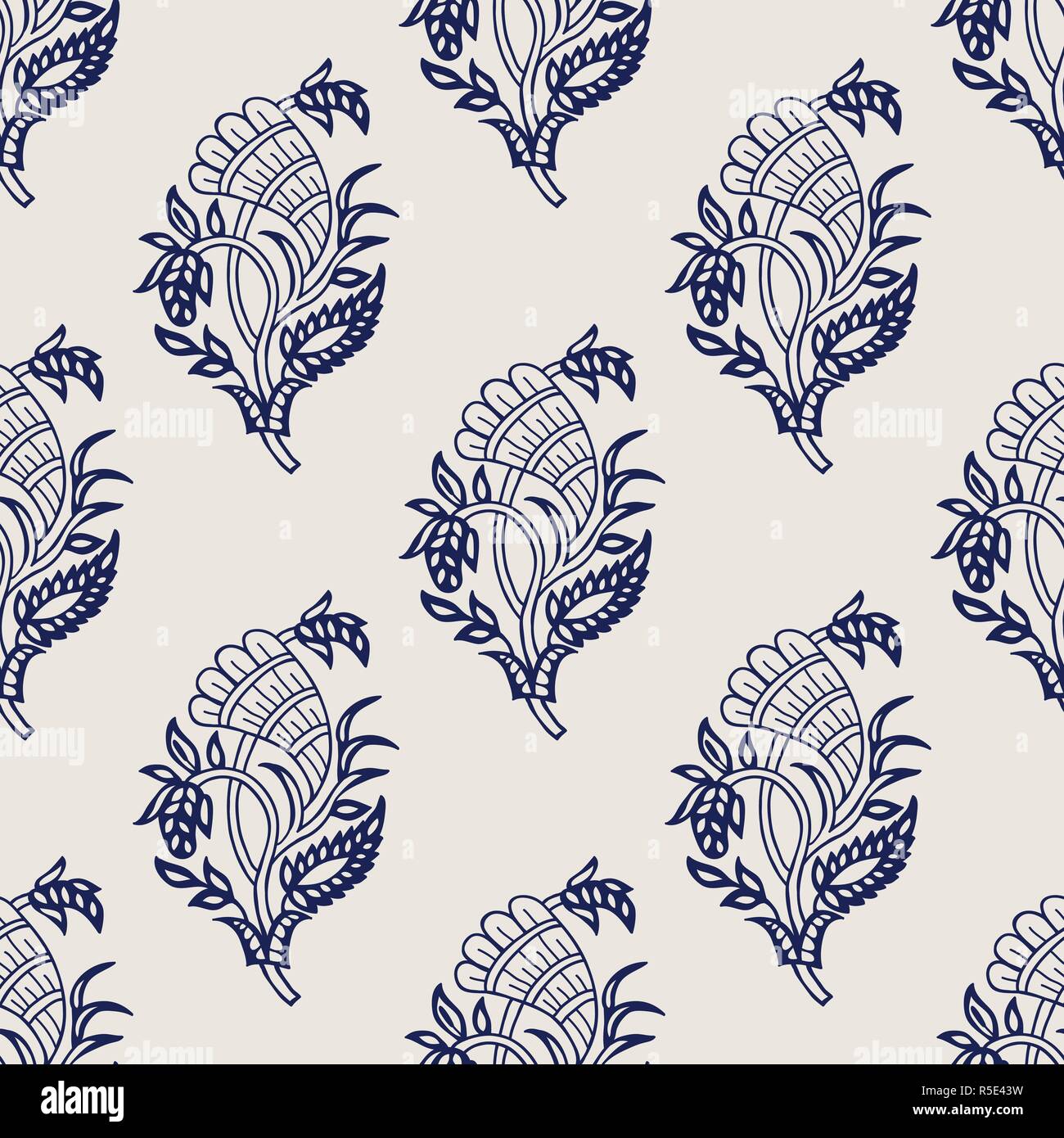Wood Block Printed Indigo Dye Seamless Ethnic Paisley Pattern