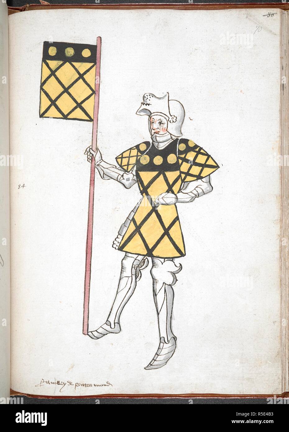 Knight, in armour and tabard, holding a sword and a standard with ...