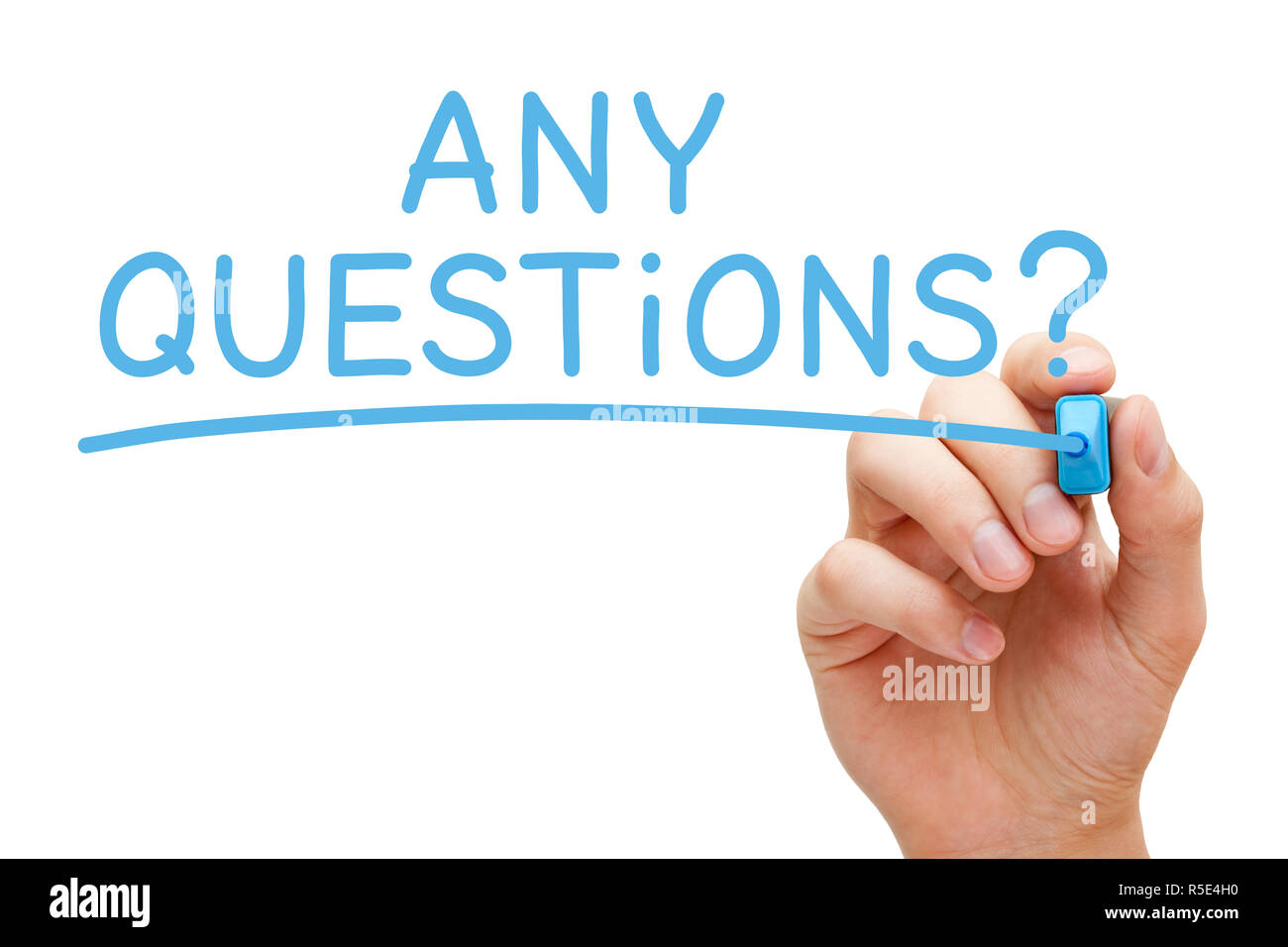 Hand writing Any Questions with blue marker on transparent wipe board ...