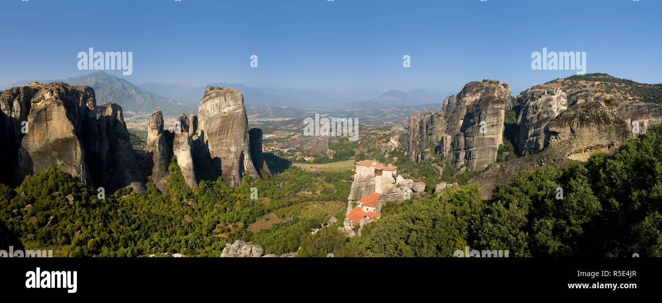 Greece, Thessaly, Meteora, Panoramic view of Meteora and Holy Monastery ...