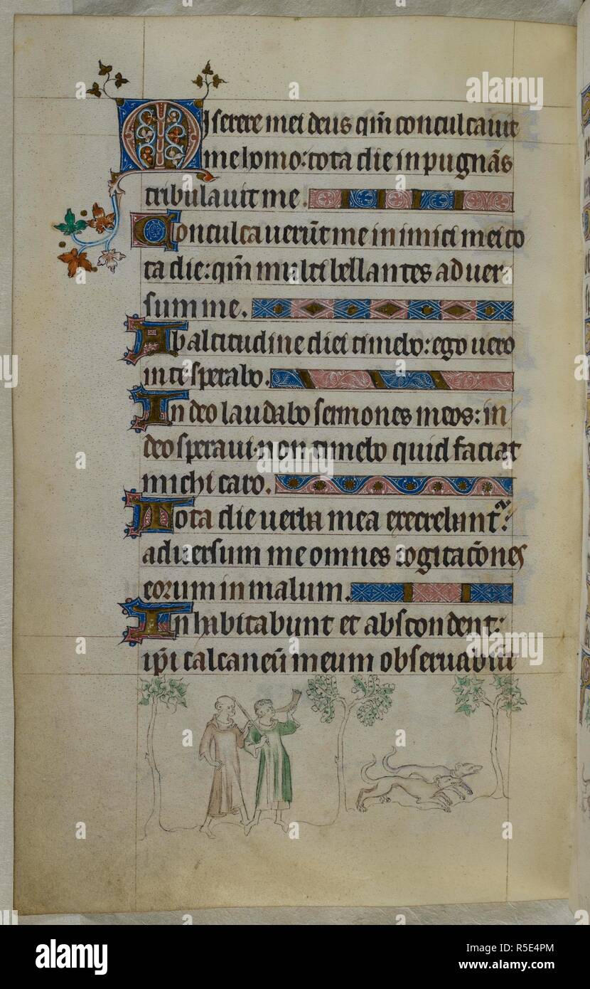 Bas-de-page scene of two men, one blowing a horn, and two dogs hunting ...