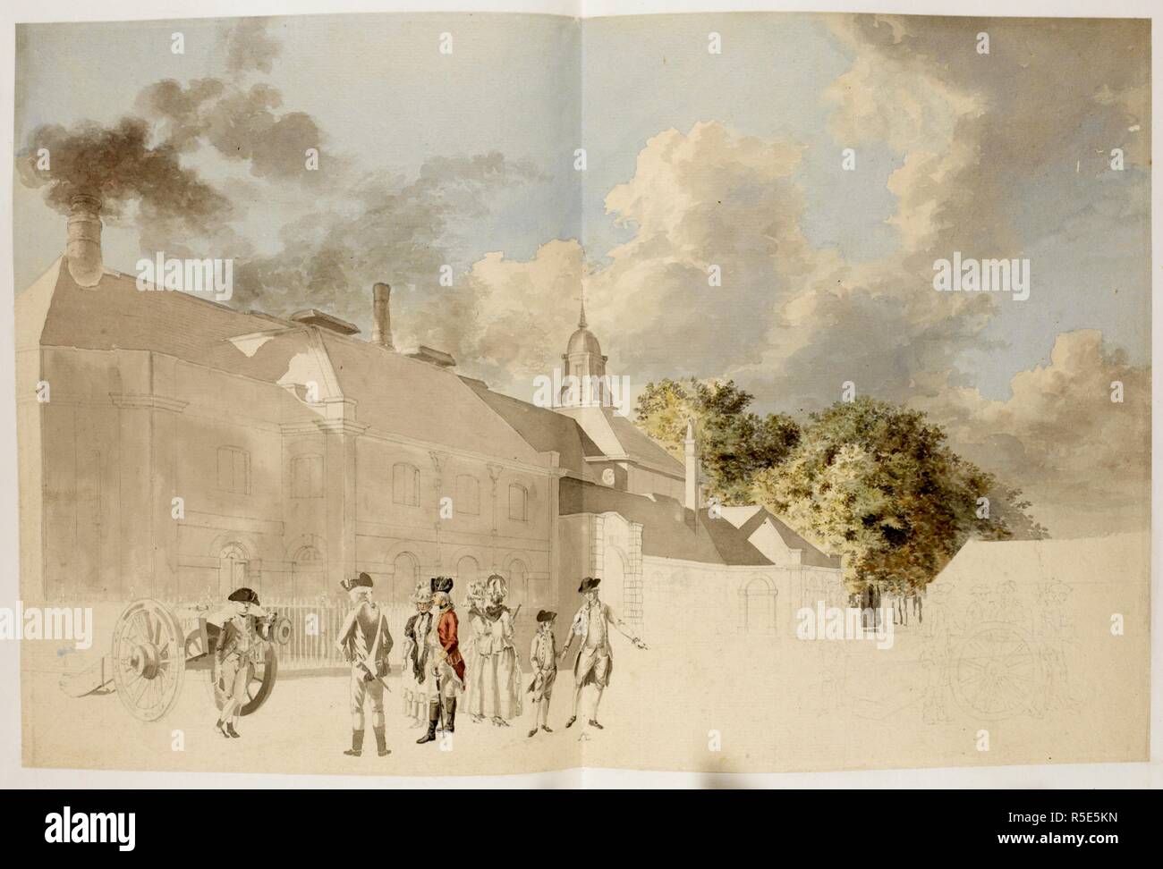 Unfinished drawing of soldiers with cannons, in front of the Royal ...