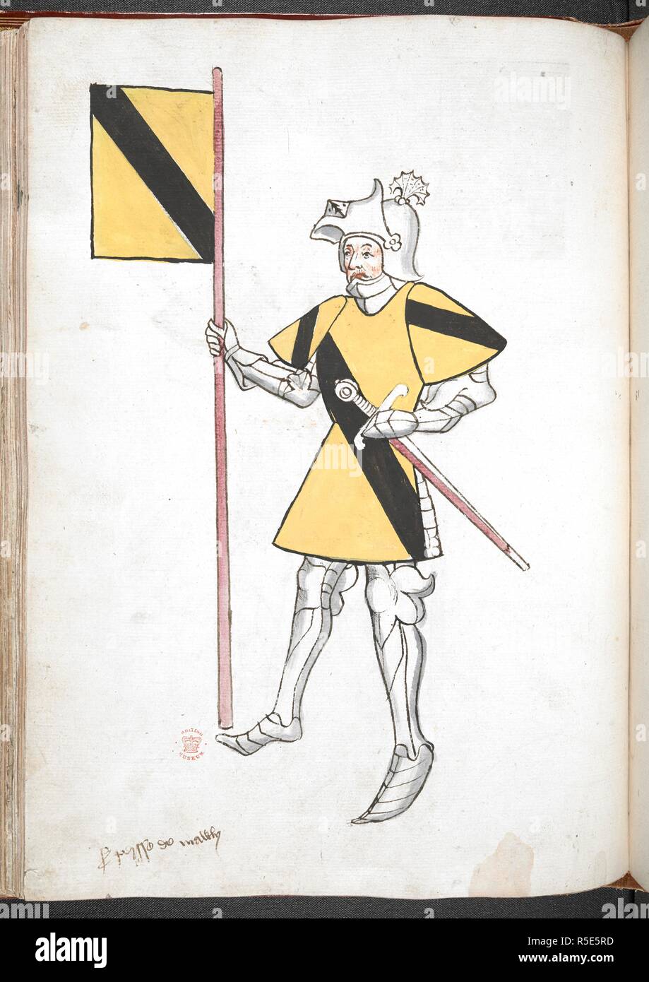 Knight, in armour and tabard, holding a sword and a standard with ...