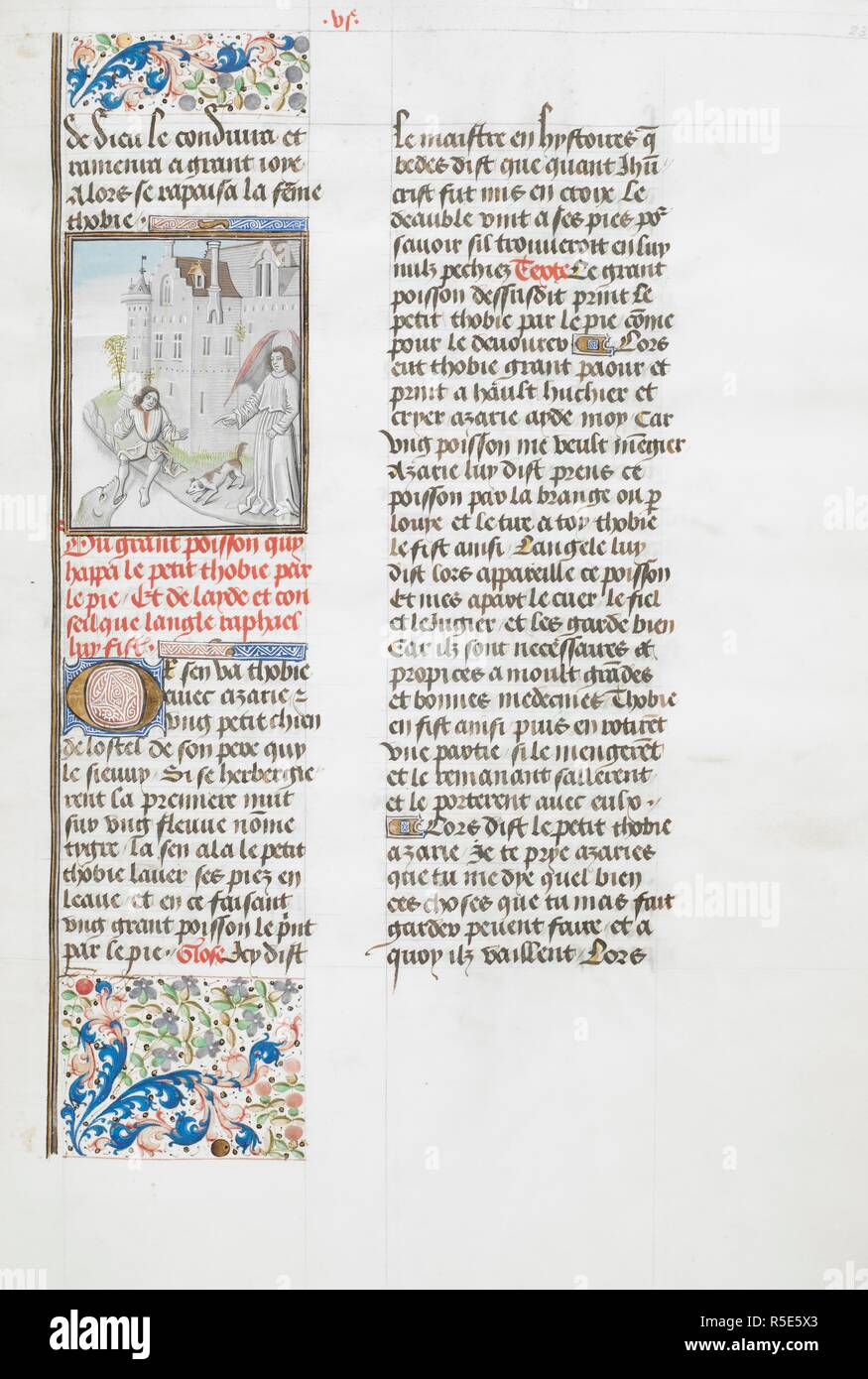 Miniature of Tobias, a fish and Raphael, with a partial border . La ...