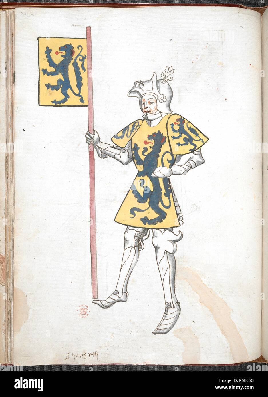 Coloured drawing of a knight in armour and tabard. Legh's Men of Arms ...