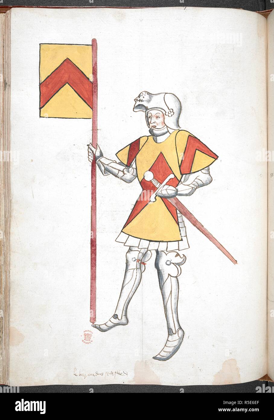 Knight, in armour and tabard, holding a sword and a standard with ...