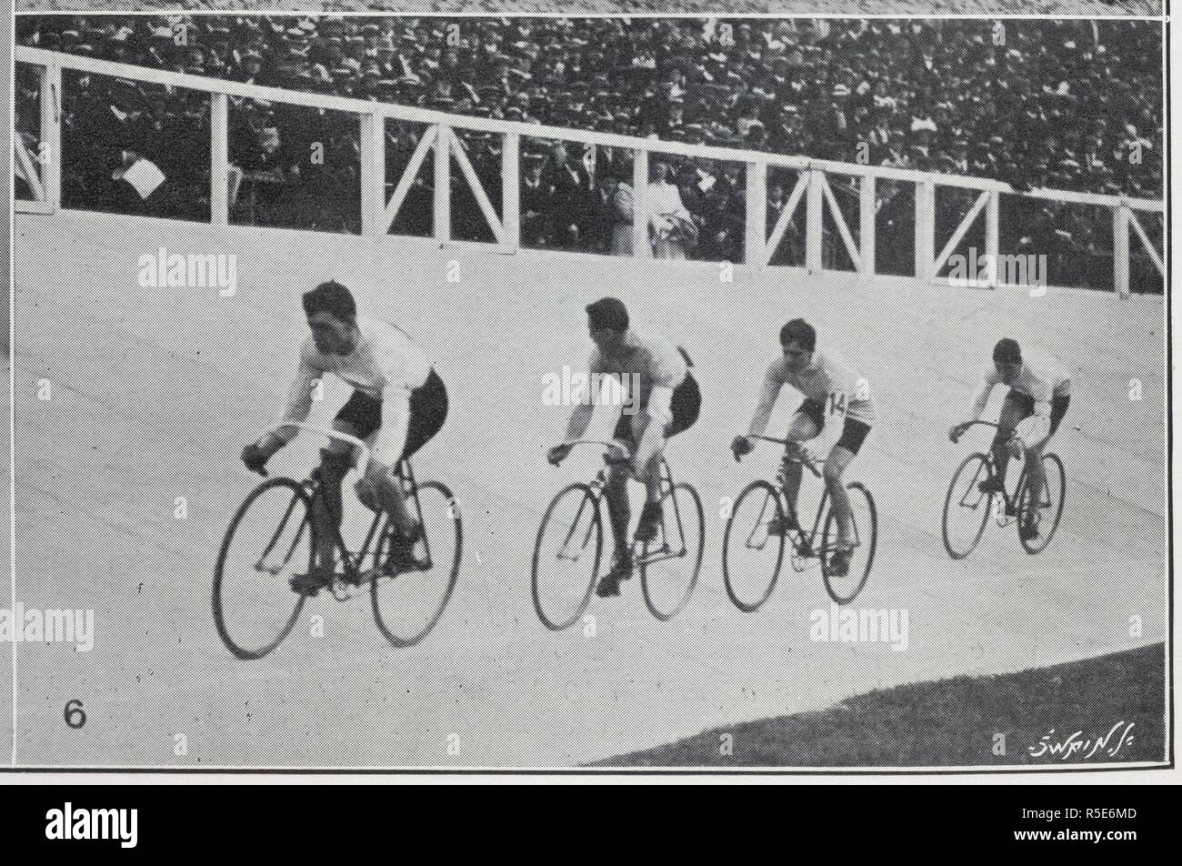 Final of the 600 yards cycle race, during the 1908 Olympic Games ...
