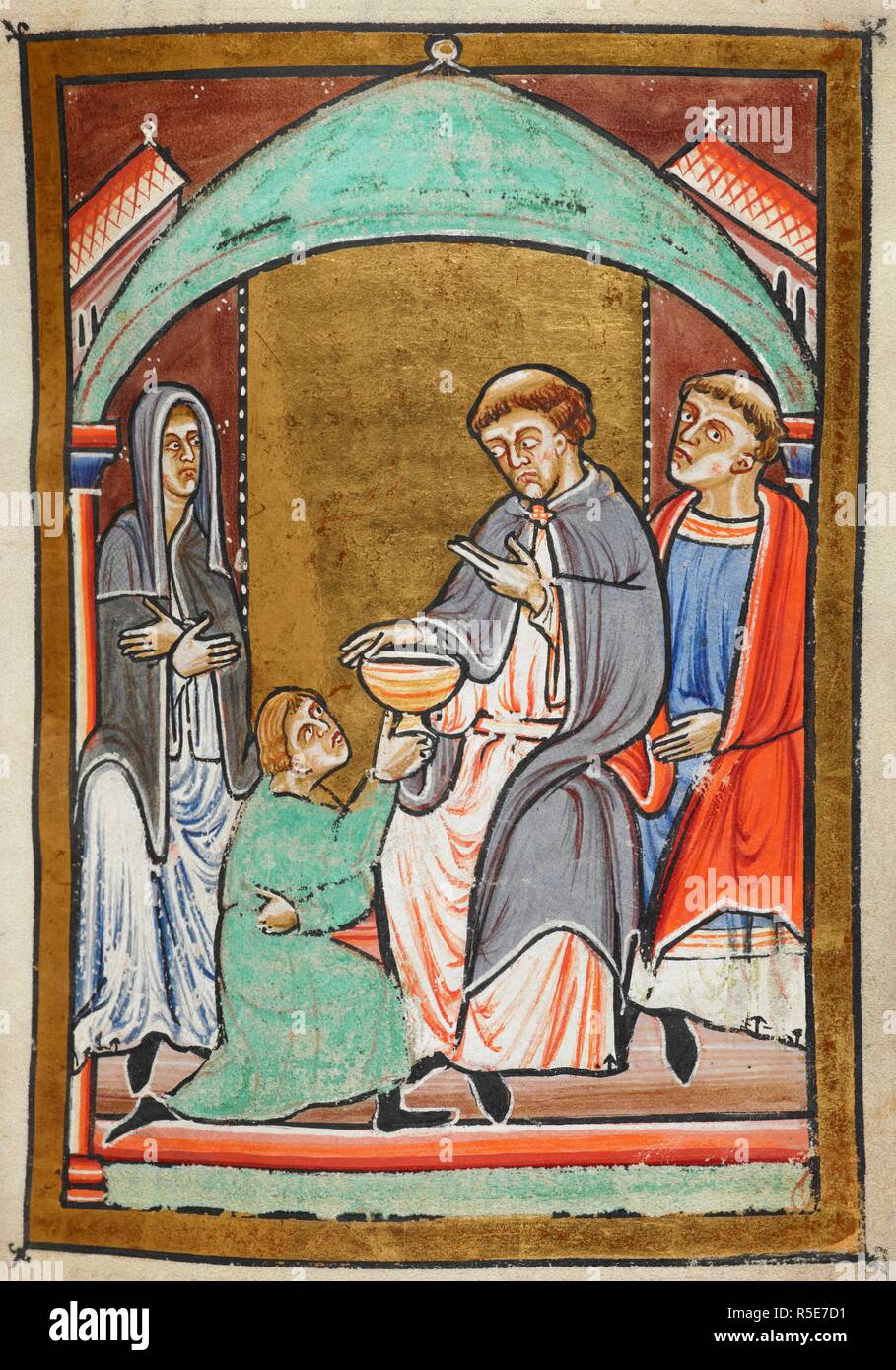 Miniature of Cuthbert performing a miracle by tasting water and giving ...