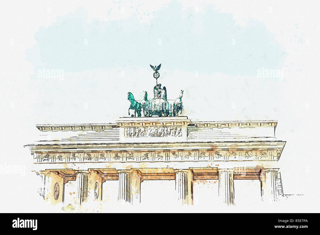 A watercolor sketch or illustration of the Brandenburg gate in Berlin ...
