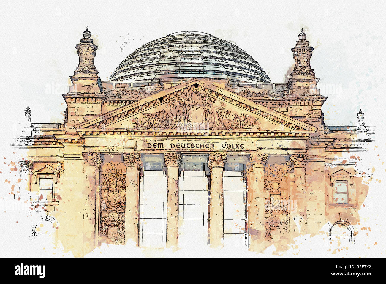 Watercolor sketch or illustration of a beautiful view of the Reichstag ...