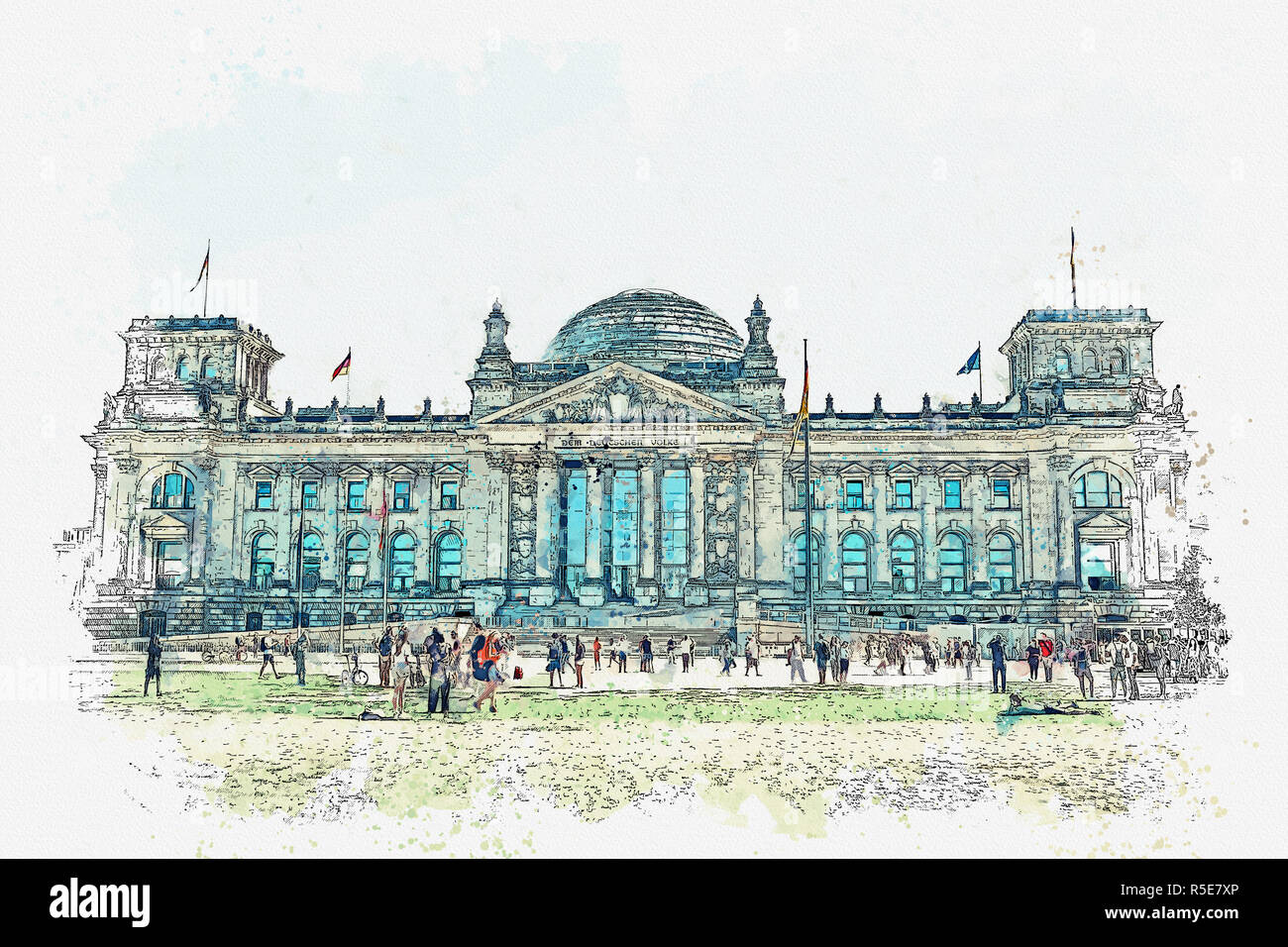 Watercolor sketch or illustration of a beautiful view of the Reichstag ...