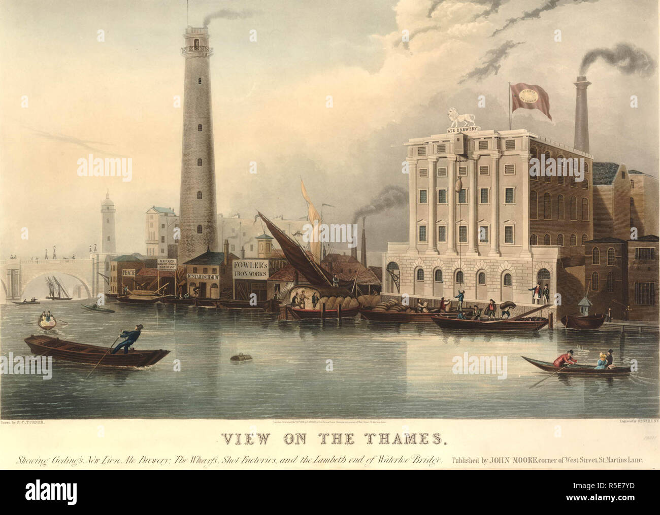 Nineteenth century engraving of the Shot Tower and Lion brewery, London ...