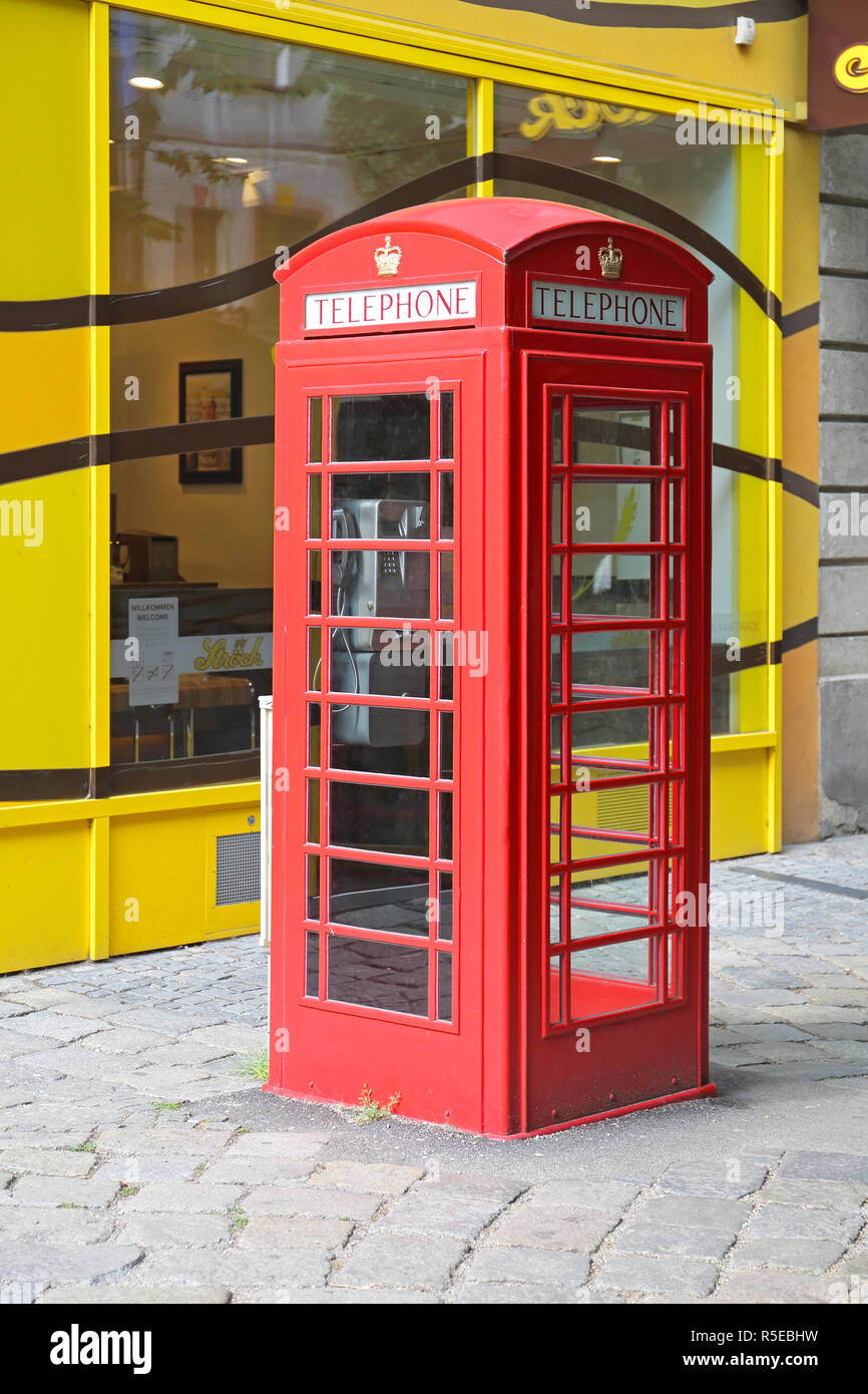 VIENNA, AUSTRIA - JULY 12: Red Telephone Box in Wien on JULY 12, 2015 ...