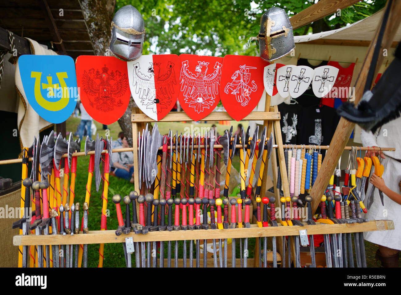 TRAKAI, LITHUANIA - JUNE 16, 2018: Toy medieval armour, helmets and ...