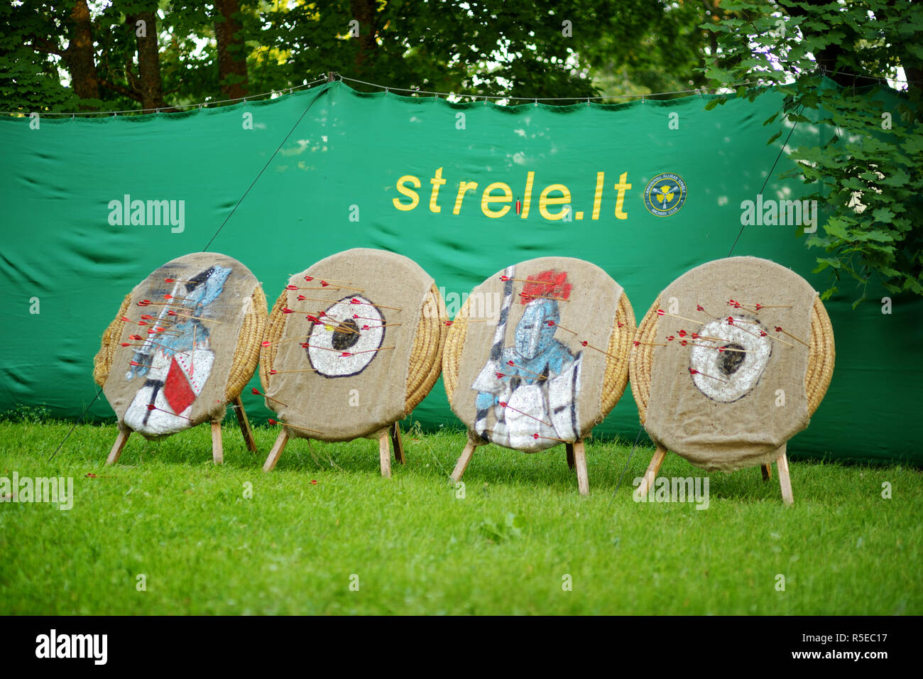 TRAKAI, LITHUANIA - JUNE 16, 2018: Archery targets with stuck arrows on ...