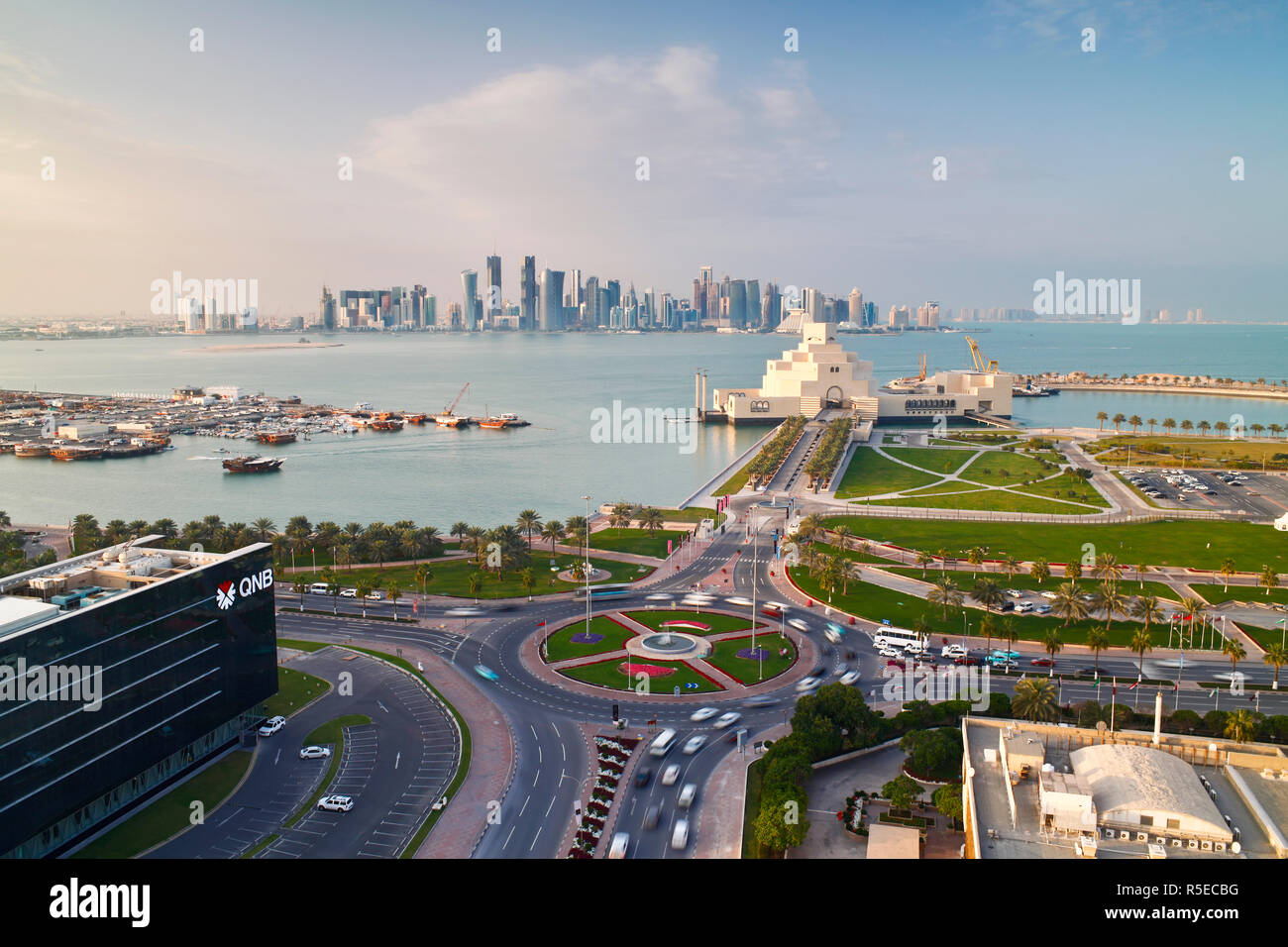 Qatar, Doha, Elevated view over the Museum of Islamic Art and the Dhow ...