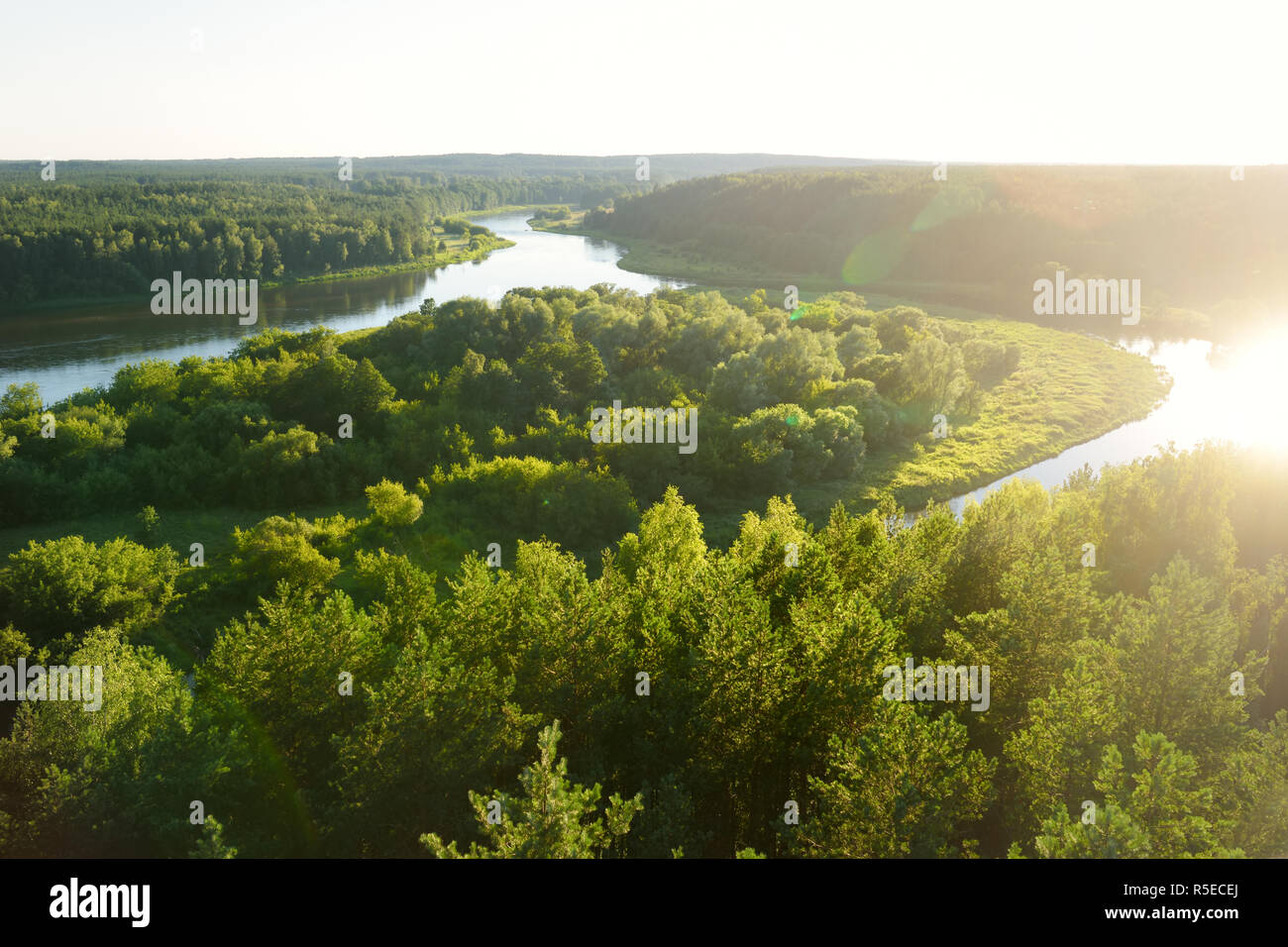 Scenic view from Merkine observation tower to Nemunas river, streaming ...