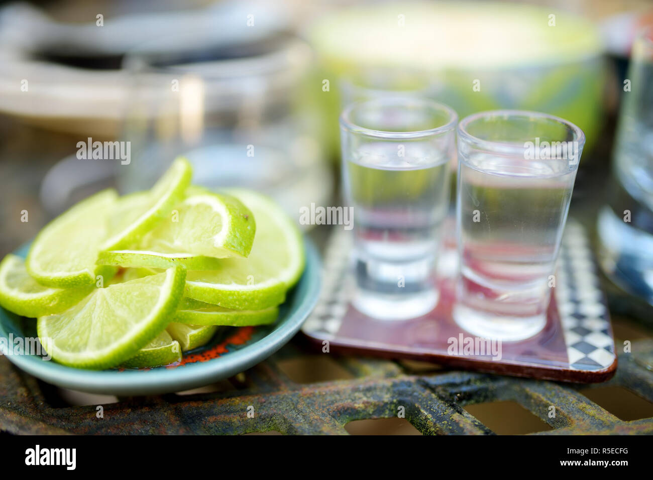 Mexican traditional drinks accompanied with lime and salt. Traditional ...