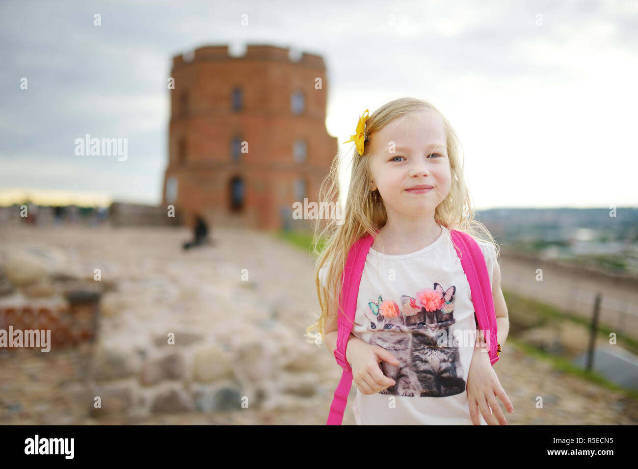 Cute little girl enjoying a view of Vilnius city from the Gediminas ...