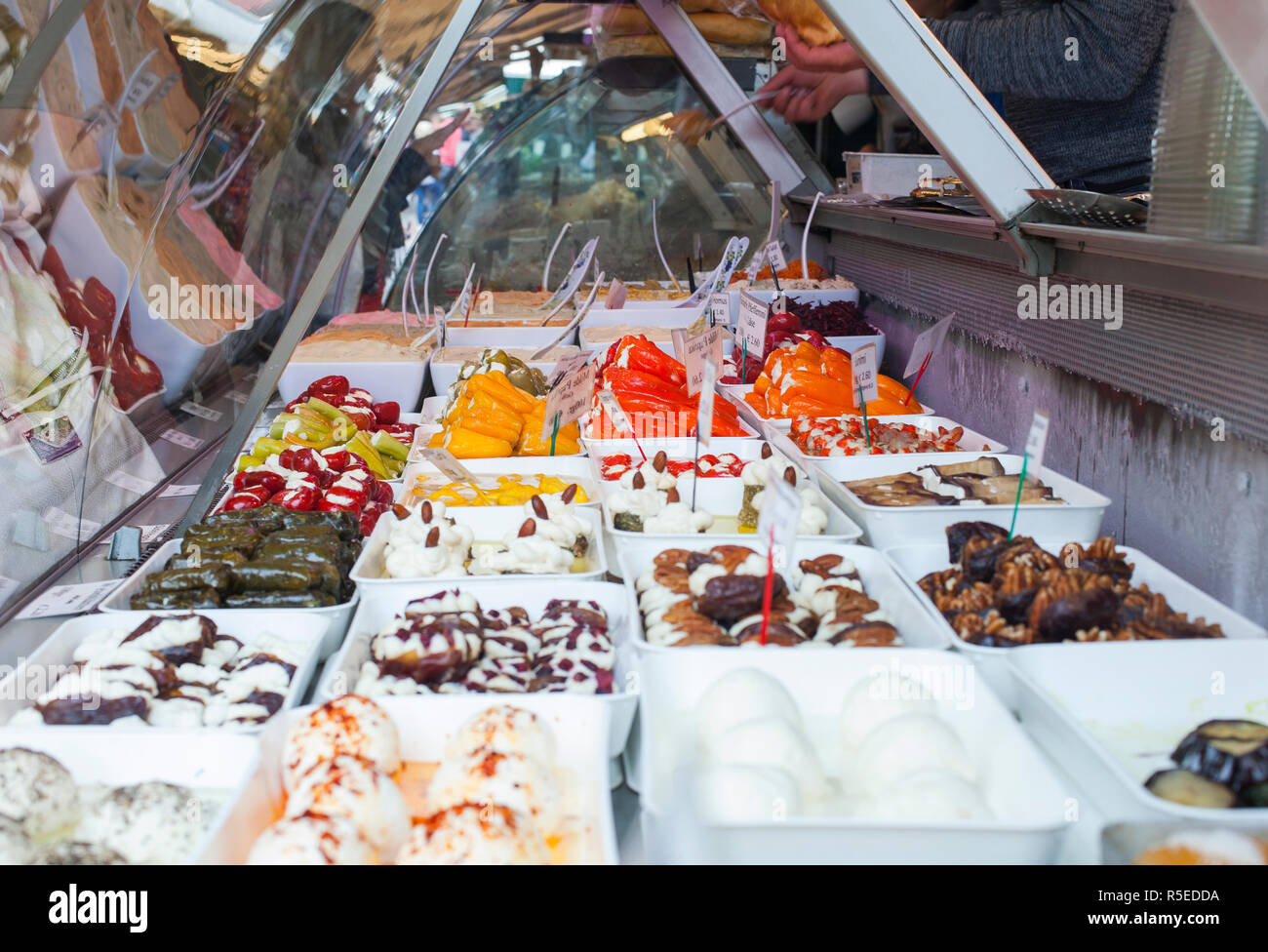 View of rich gastronomy counter in a market stall Stock Photo - Alamy