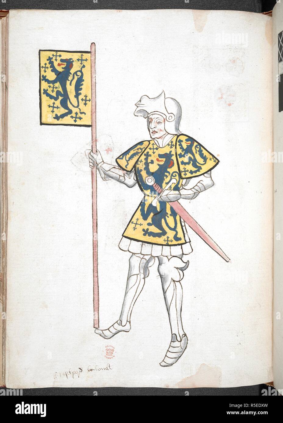 Knight, in armour and tabard, holding a sword and a standard with ...