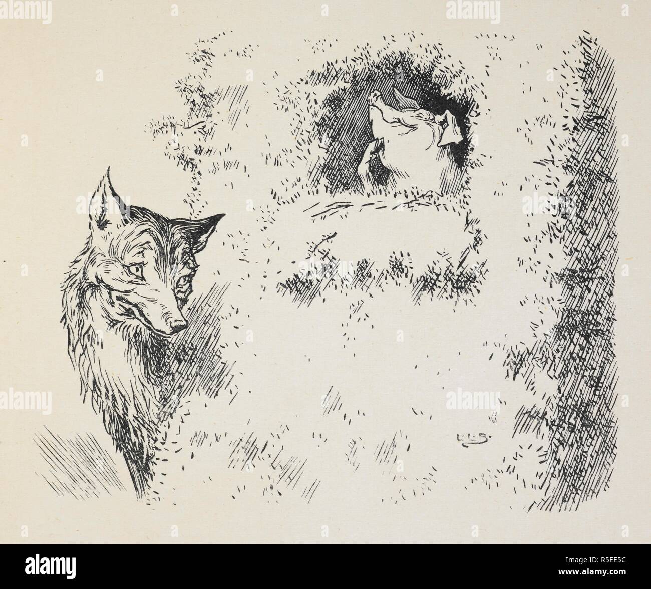 A pig in his house made of straw with the Big Bad Wolf looking in. The ...