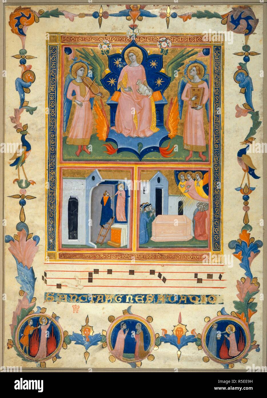 St. Agnes enthroned, and scenes from her life. Below, further scenes in ...