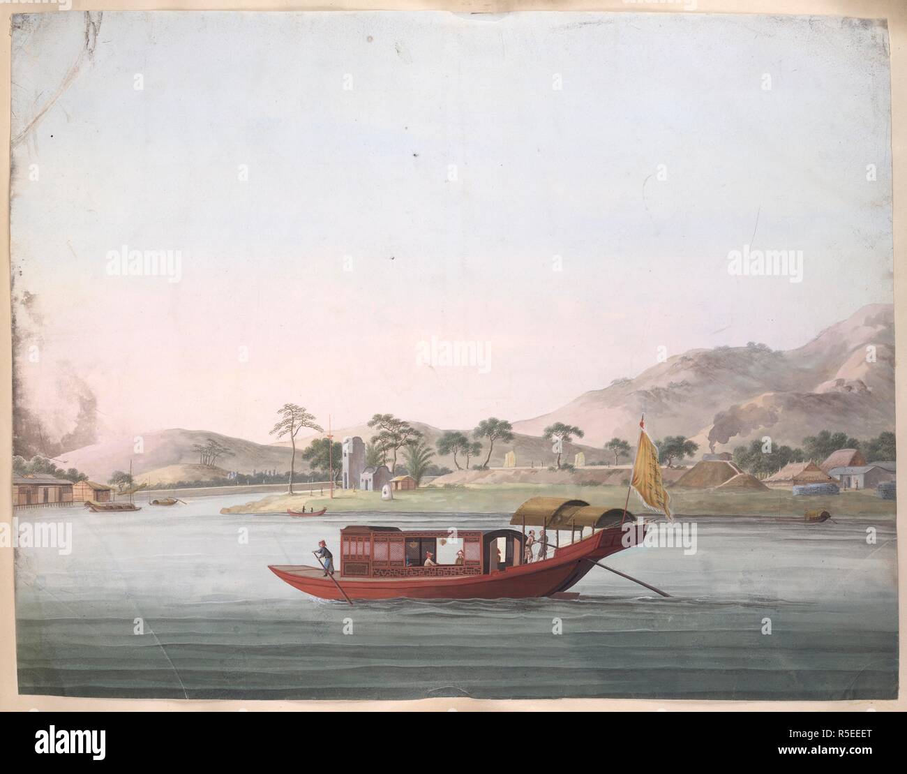 A red coloured boat. 1800 - 1805. 40 drawings of boats in a landscape ...
