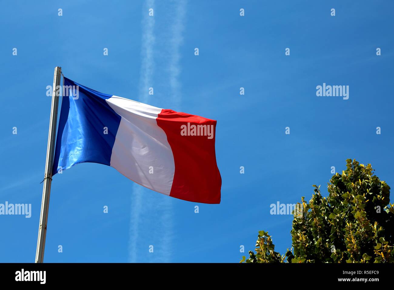 big french flag waves in the blue sky Stock Photo - Alamy