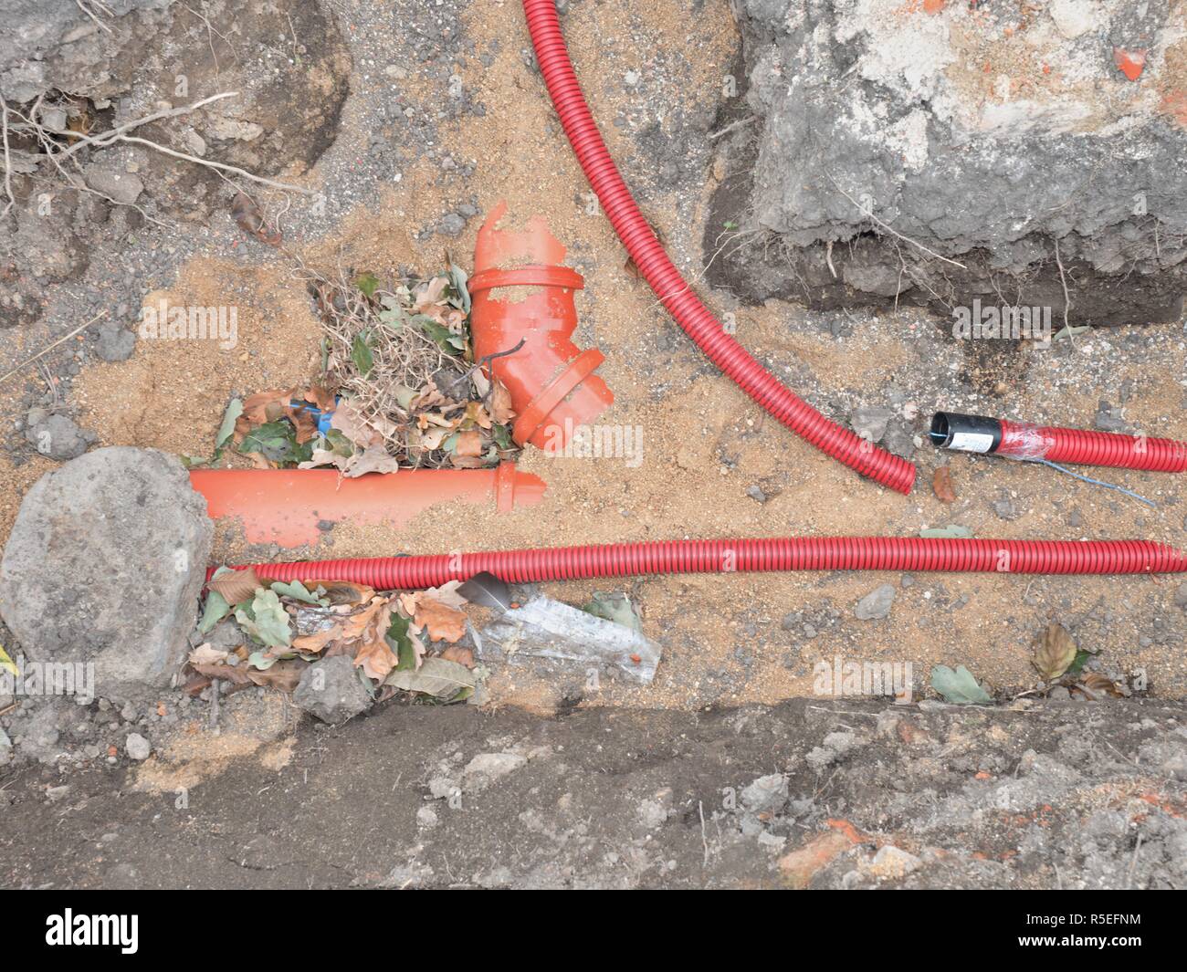 Protect HDPE tube. Laying underground tow cable. Excavation of trench ...