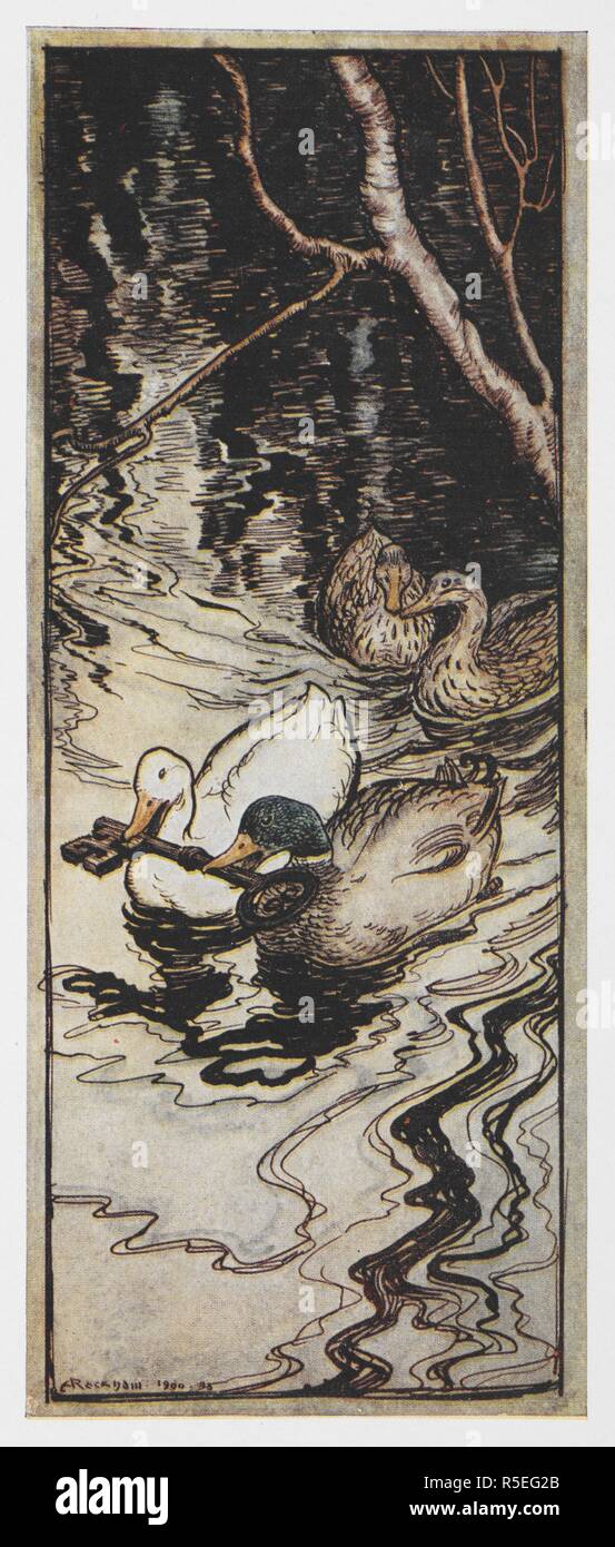 Illustration of two ducks carrying a key from The Queen Bee. Grimm's ...