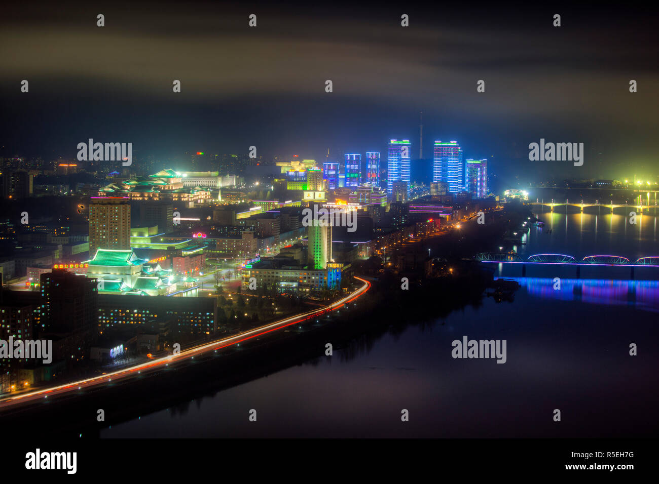 Pyongyang, new modern buildings in the centre of Pyongyang colourfully ...