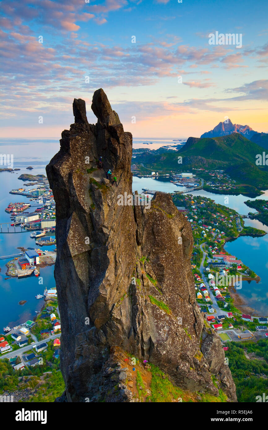 Rock Climbers scale the famous SvolvÃ¦rgeita, Svolvaer, Lofoten ...