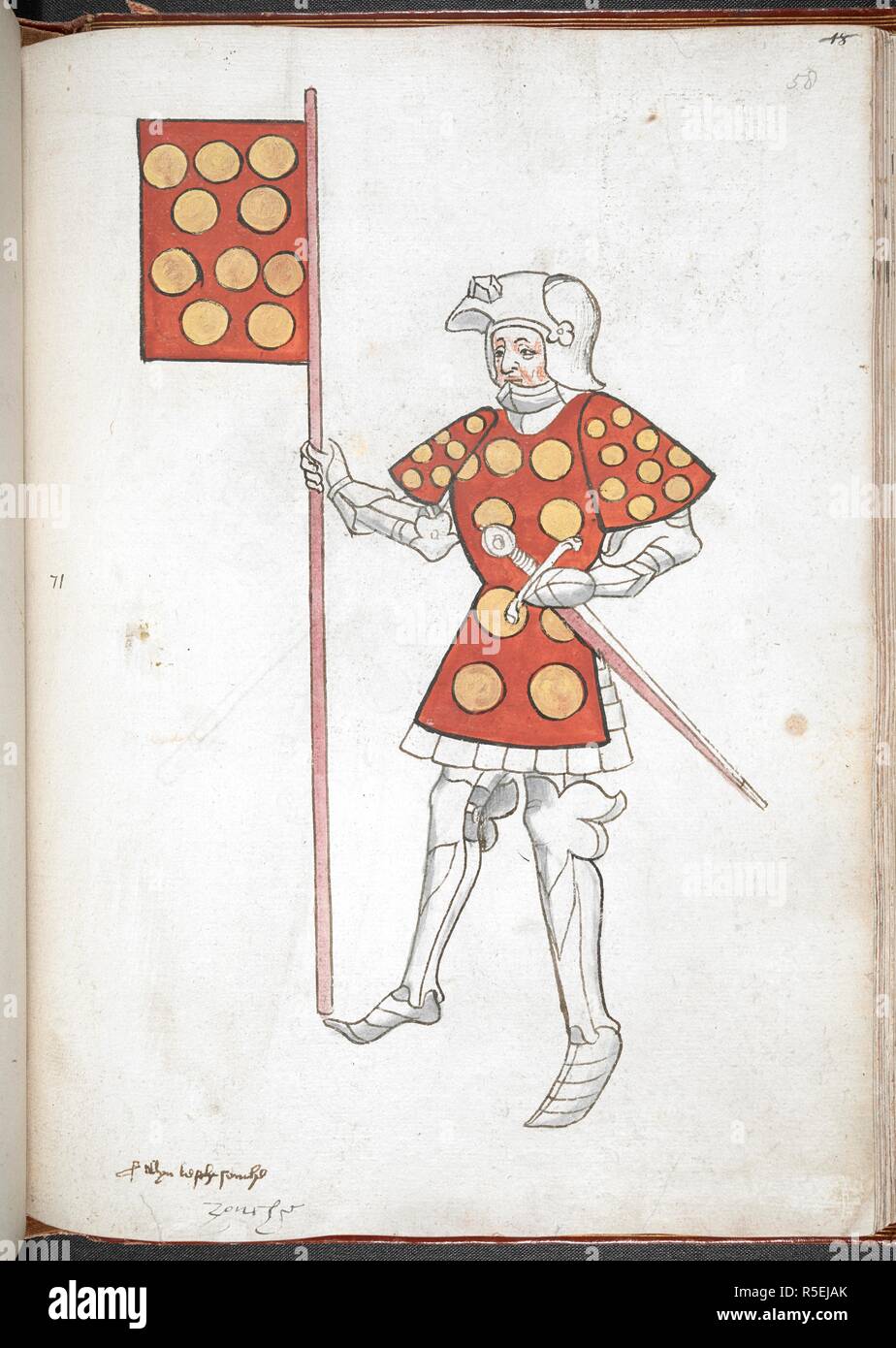 Coloured drawing of a knight in armour and tabard. Legh's Men of Arms ...
