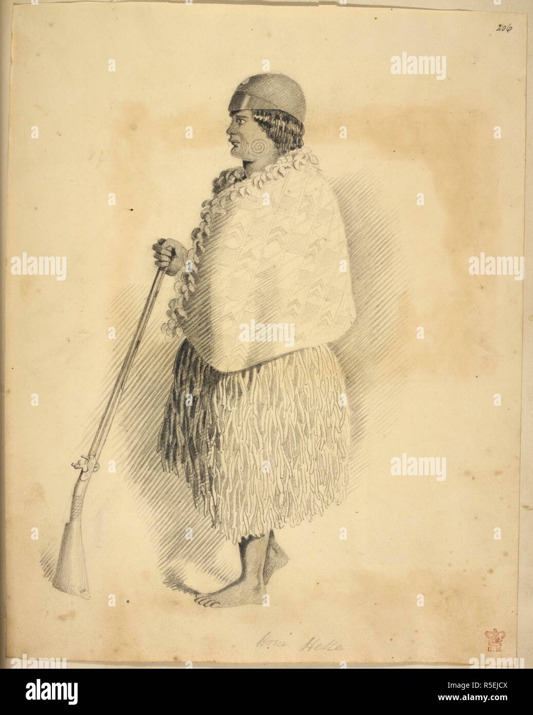 [Drawing No.206] Portrait of a Maori tribesman, Honi Heke, with a rifle ...