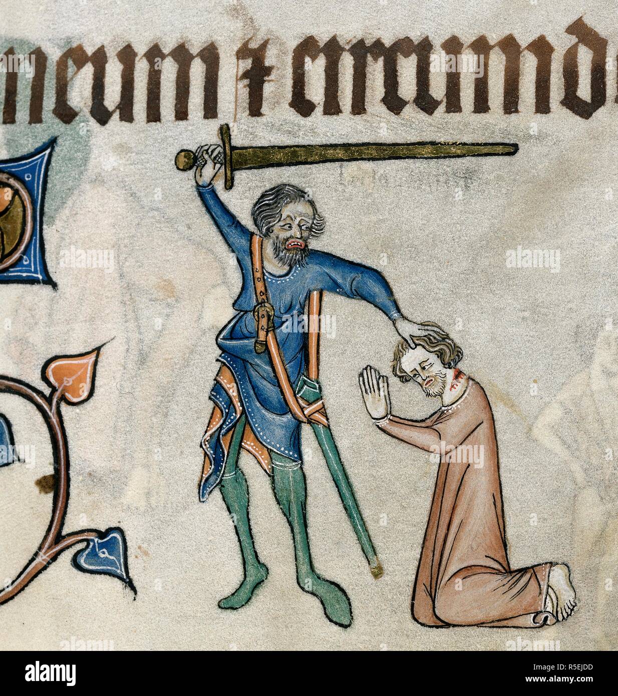Thomas, Earl of Lancaster kneels before the executioner, who has his ...
