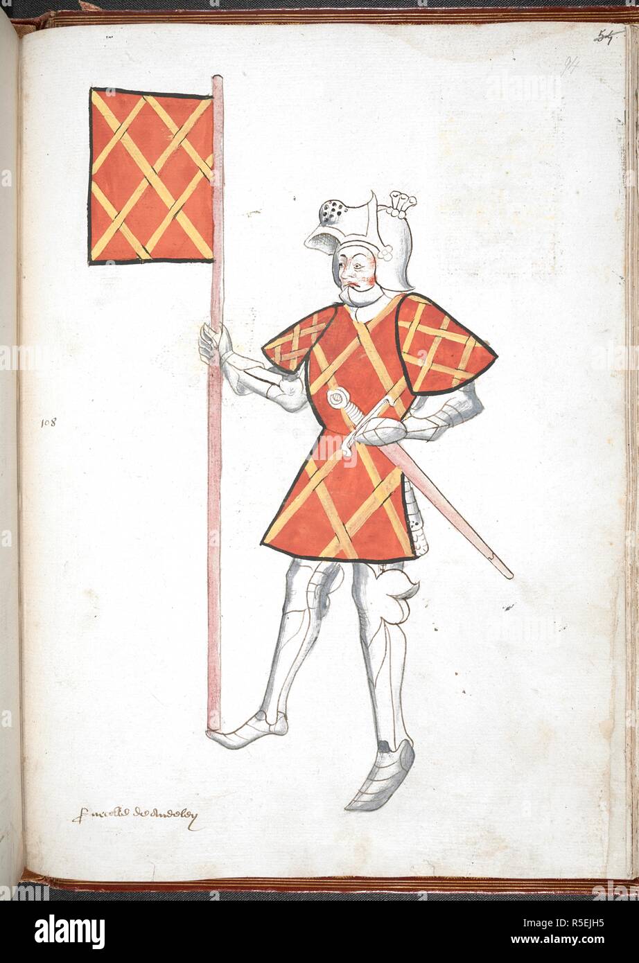 Knight, in armour and tabard, holding a sword and a standard with ...