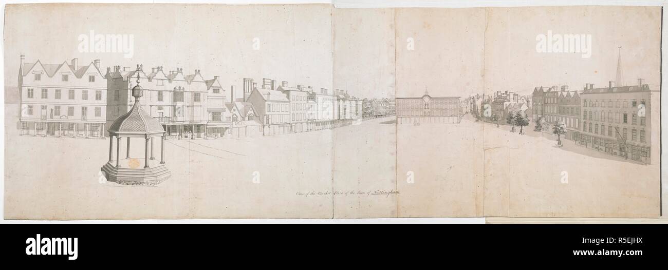 An empty market place; shops on either side and in front; a market ...