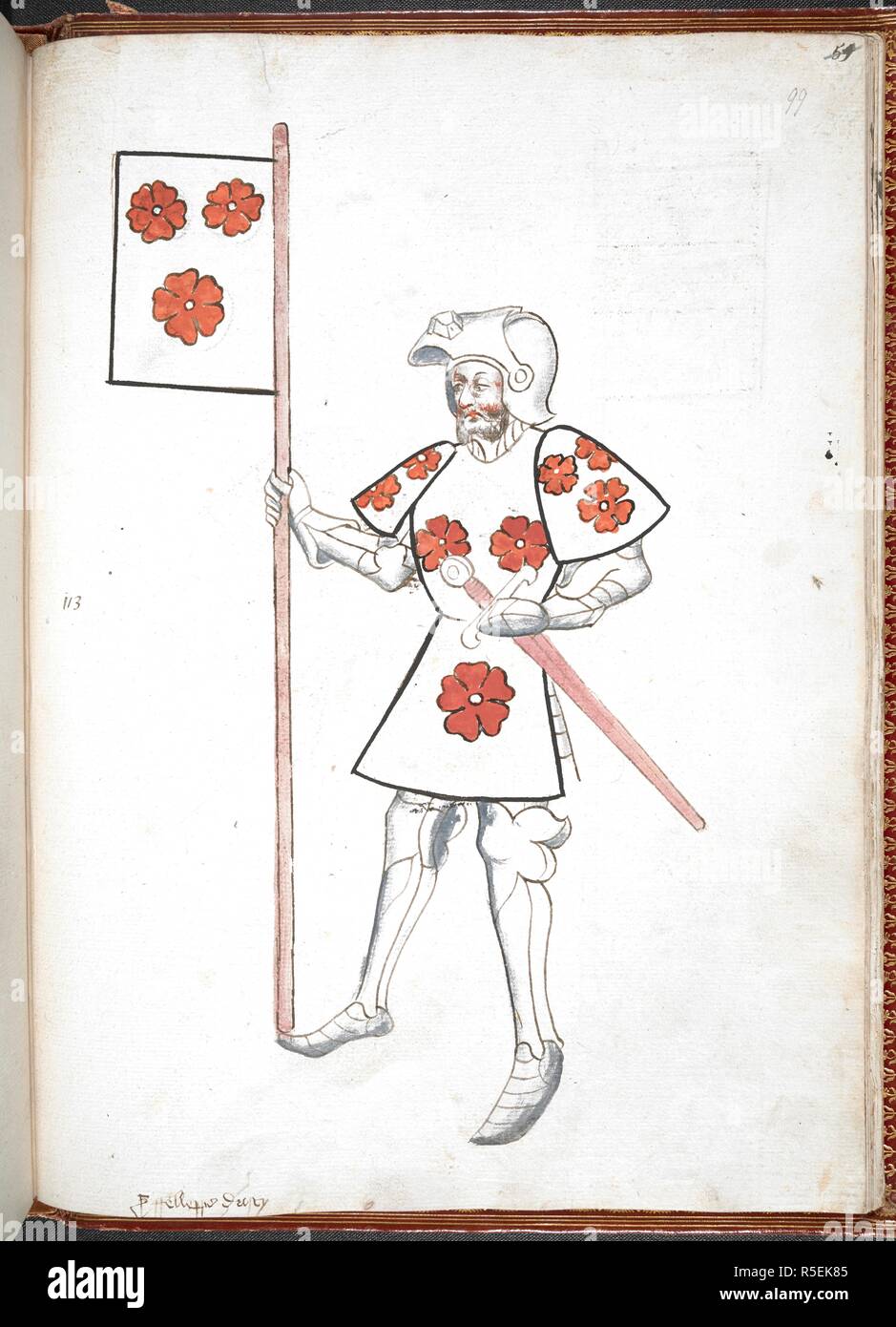 Knight, in armour and tabard, holding a sword and a standard with ...